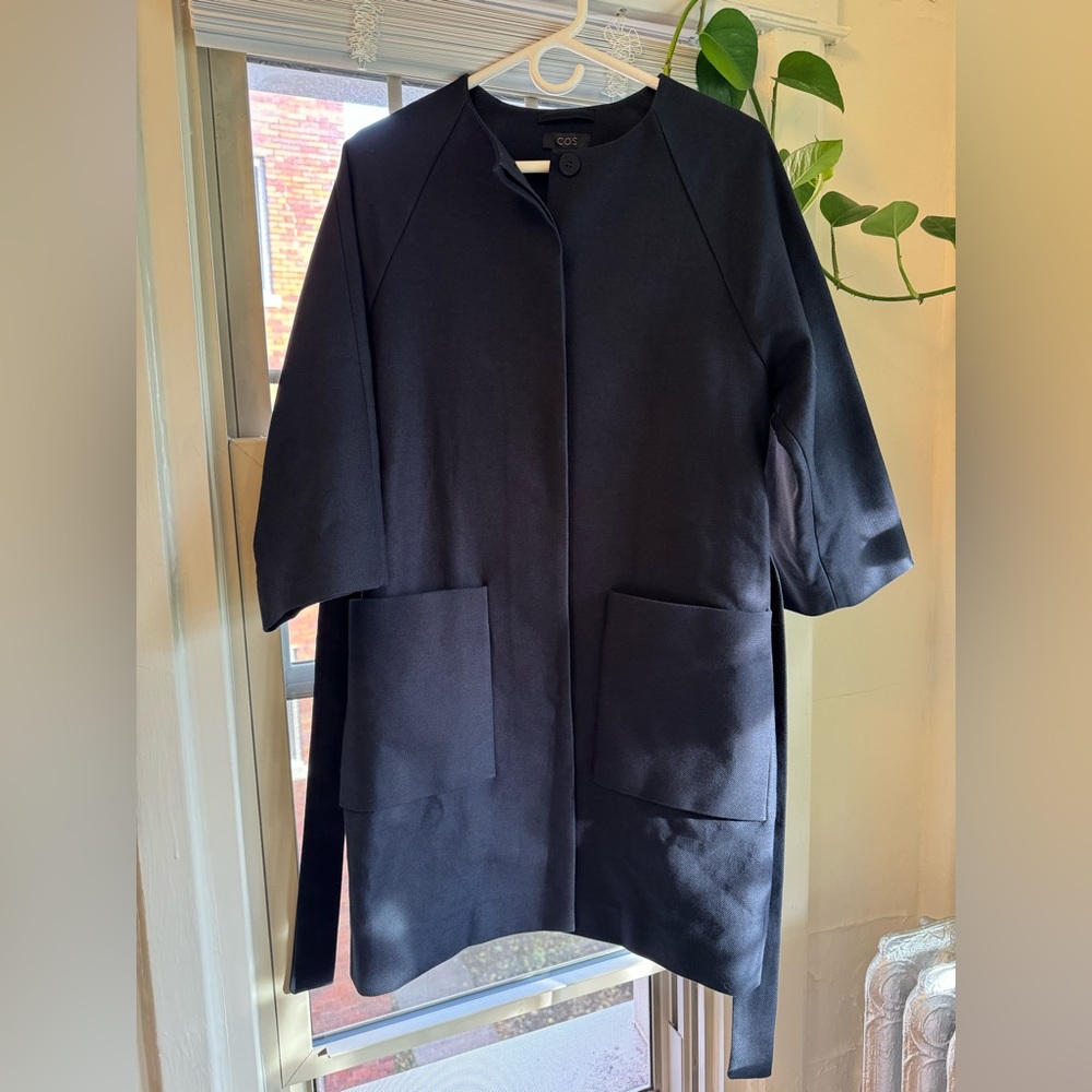 Cos Navy Blue Collarless Coat With Buttons And Belt S… - Gem